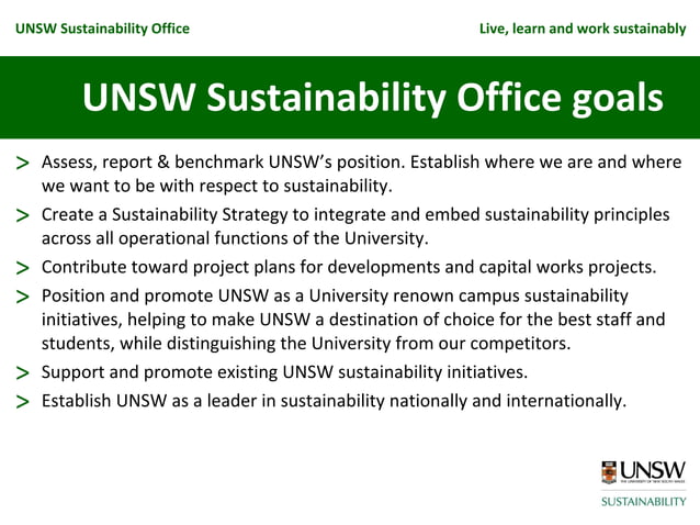 Sustainability at UNSW - November 2010 | PPT