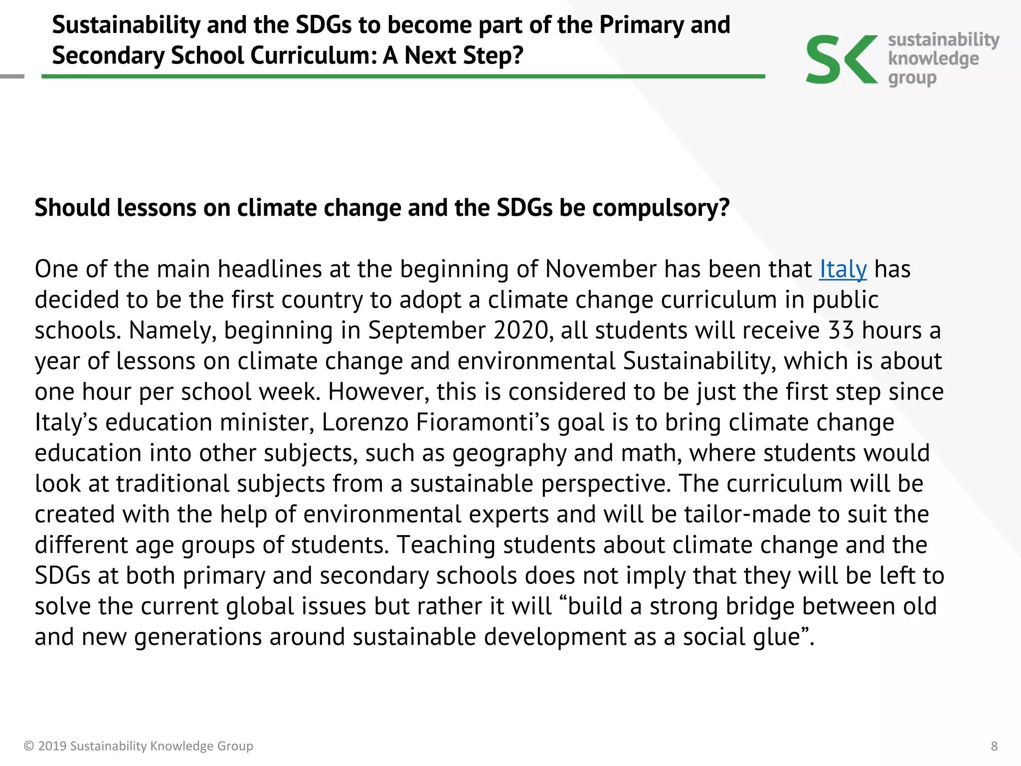 Sustainability and the SDGs to become part of the Primary and Secondary School Curriculum: A ...