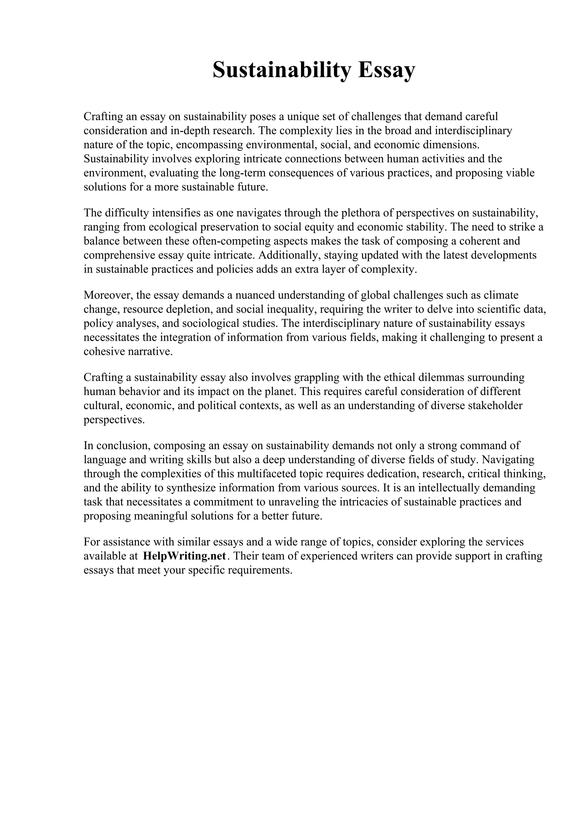 Sustainability Essay. Owens Community College | PDF