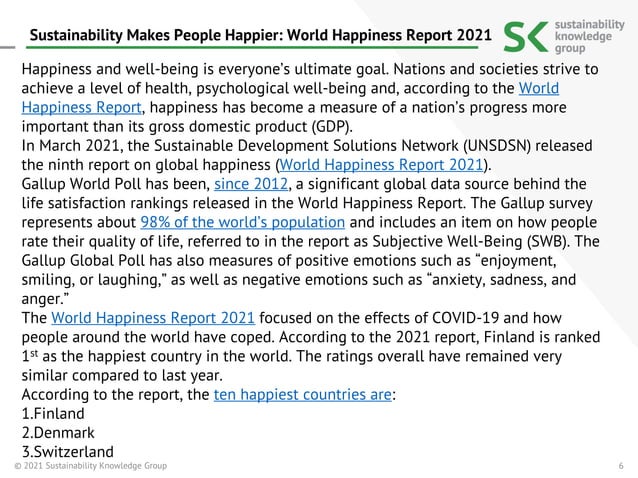 Sustainability Makes People Happier: World Happiness Report 2021 | PPT