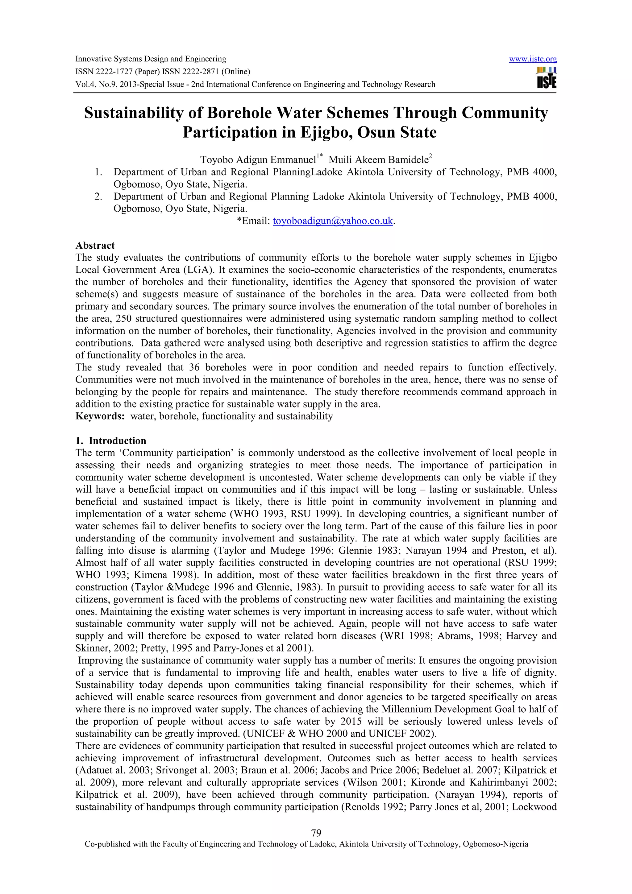 Sustainability of borehole water schemes through community ...