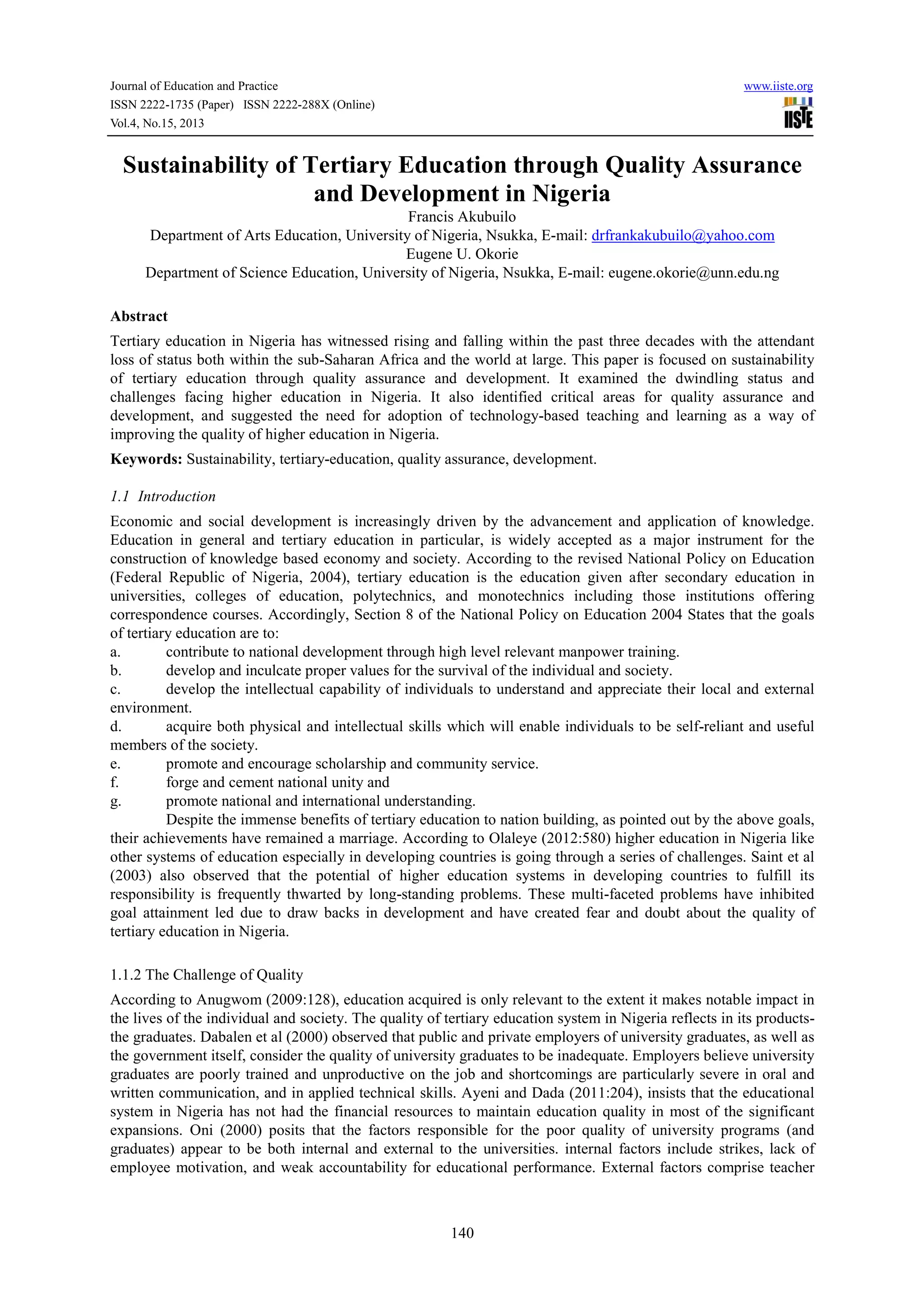 Sustainability of tertiary education through quality assurance and ...