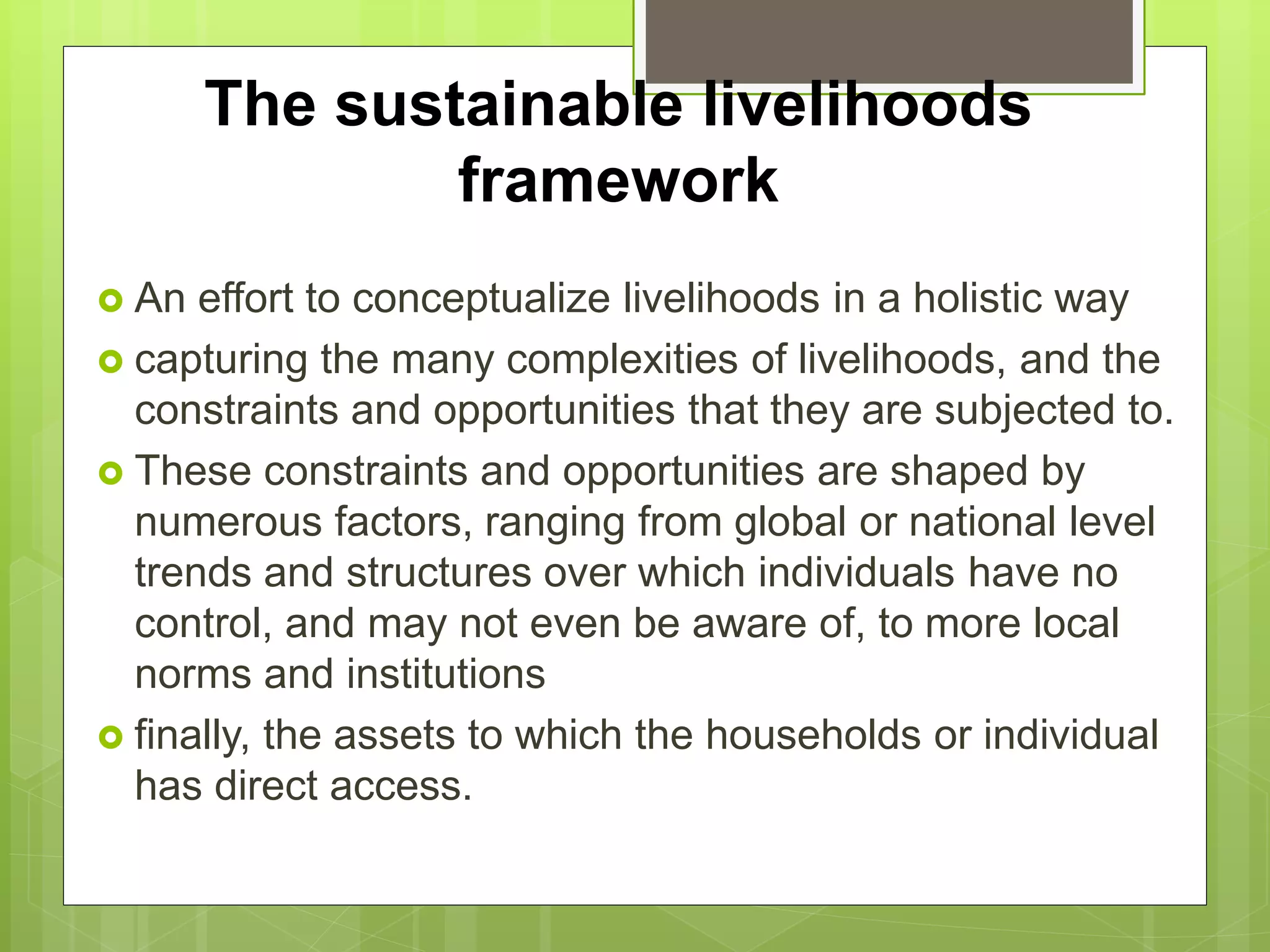 Sustainable livelihood framework and asset pentagon | PPTX