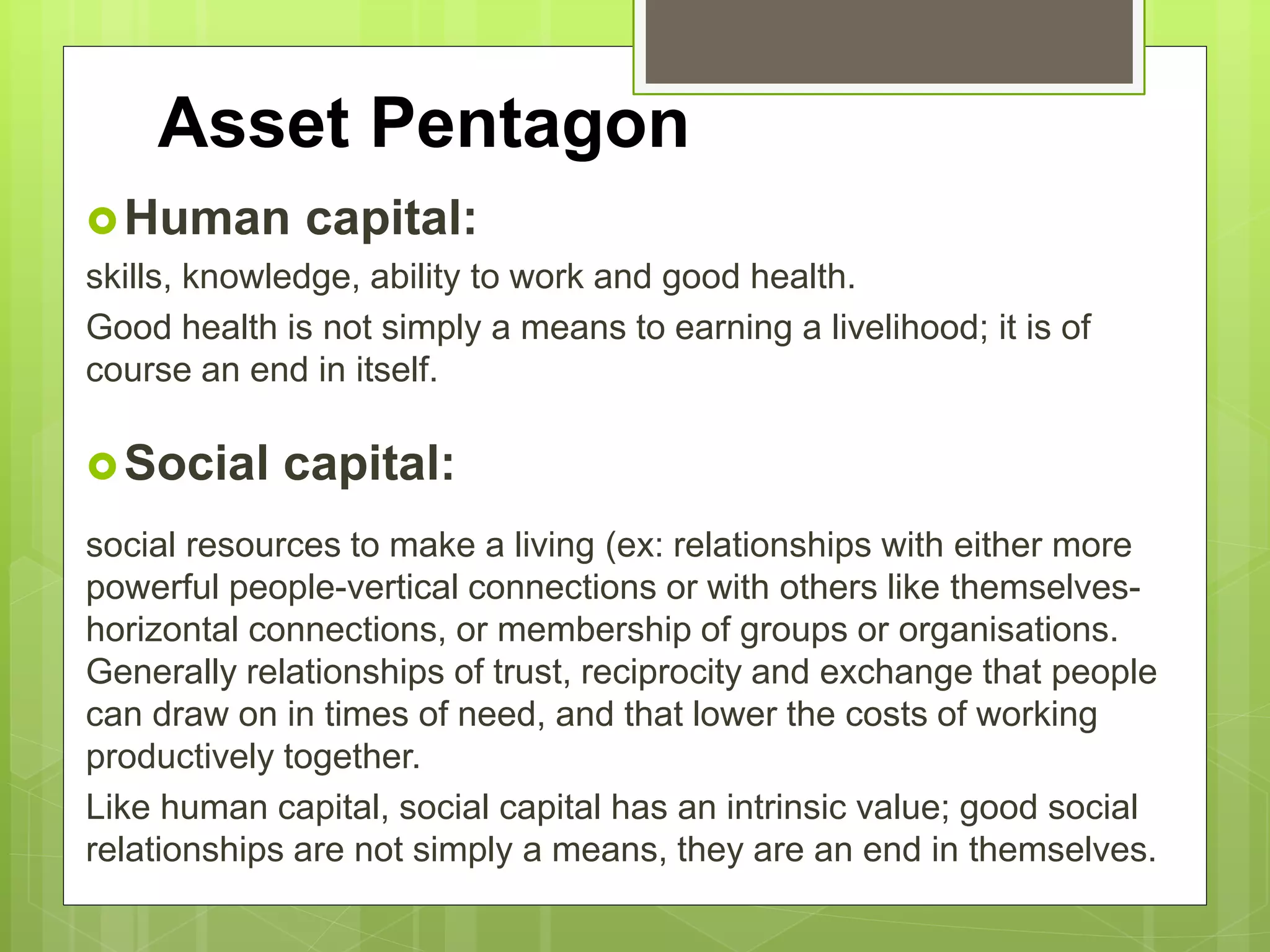 Sustainable livelihood framework and asset pentagon | PPTX