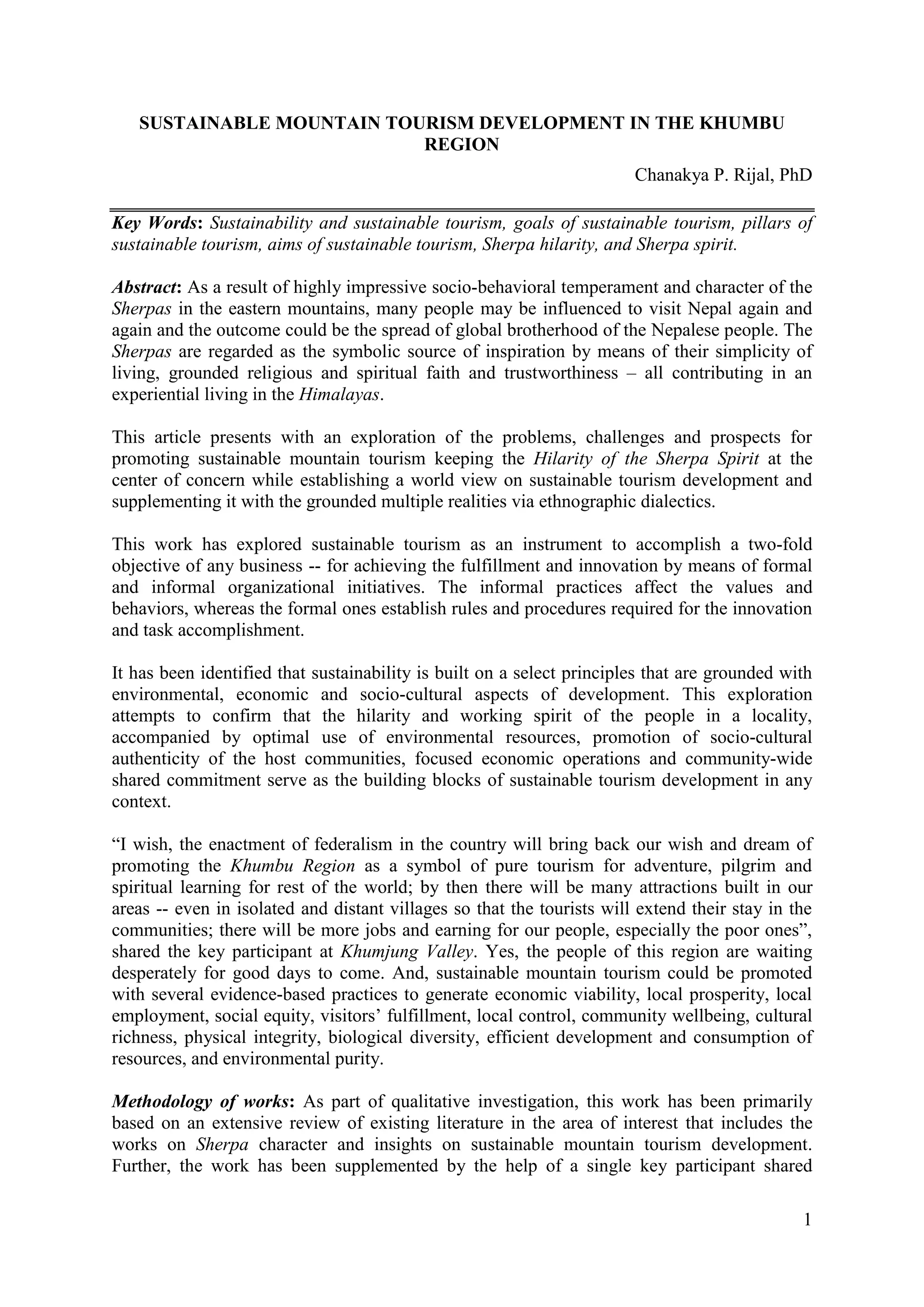 Sustainable mountain tourismin the khumbu region of nepal | PDF