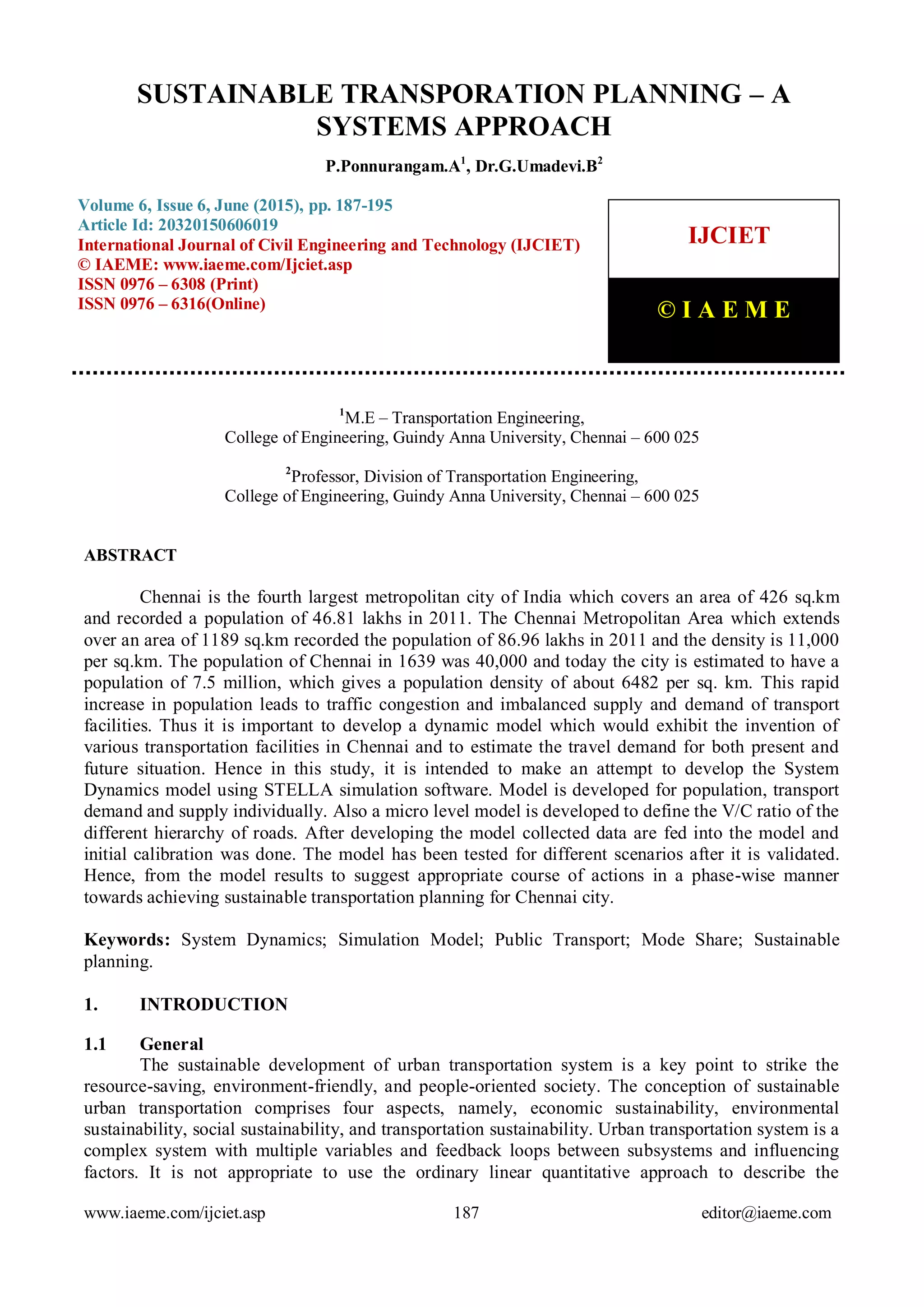 SUSTAINABLE TRANSPORATION PLANNING – A SYSTEMS APPROACH | PDF