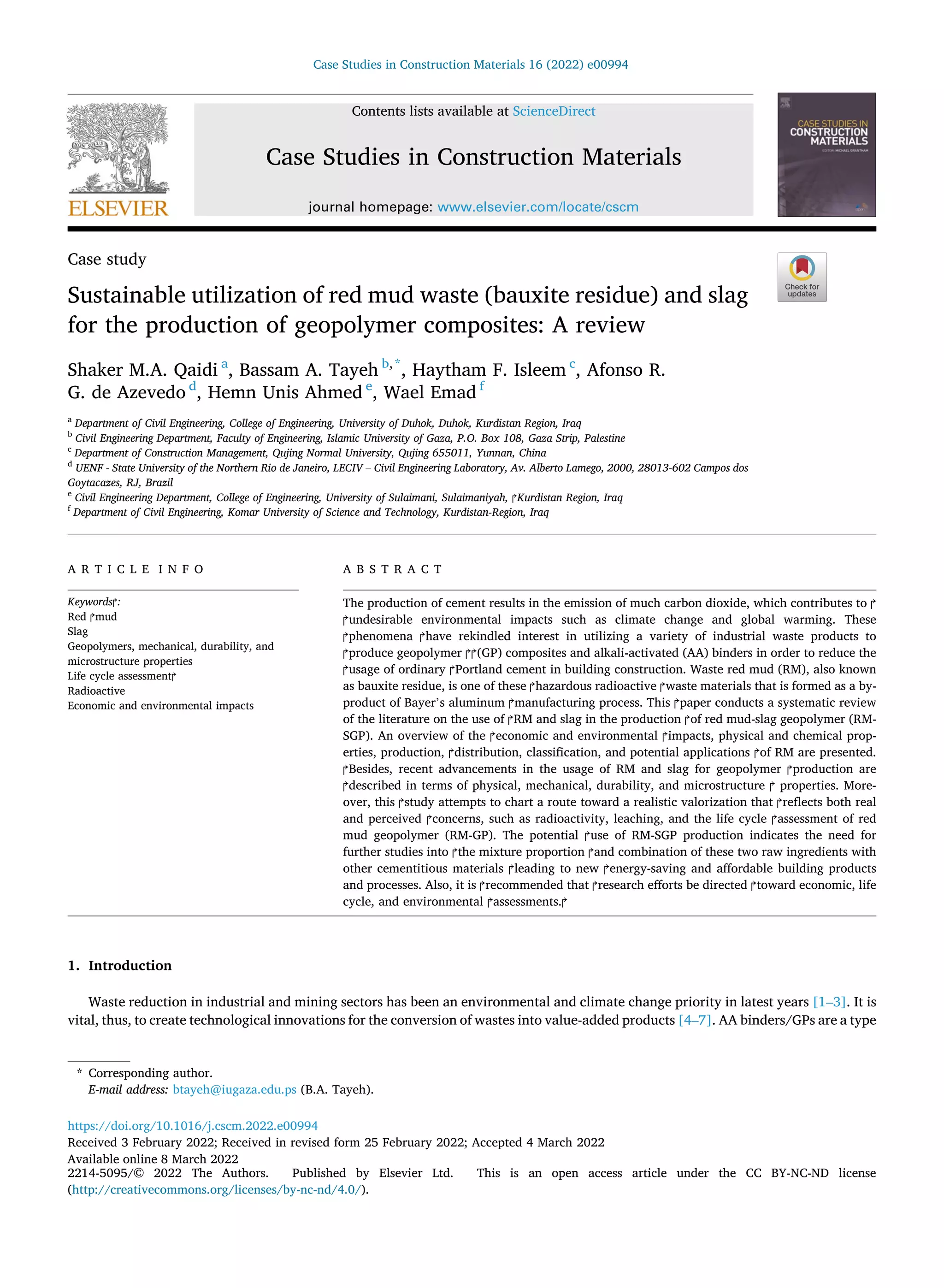 Sustainable utilization of red mud waste (bauxite residue) and slag for ...