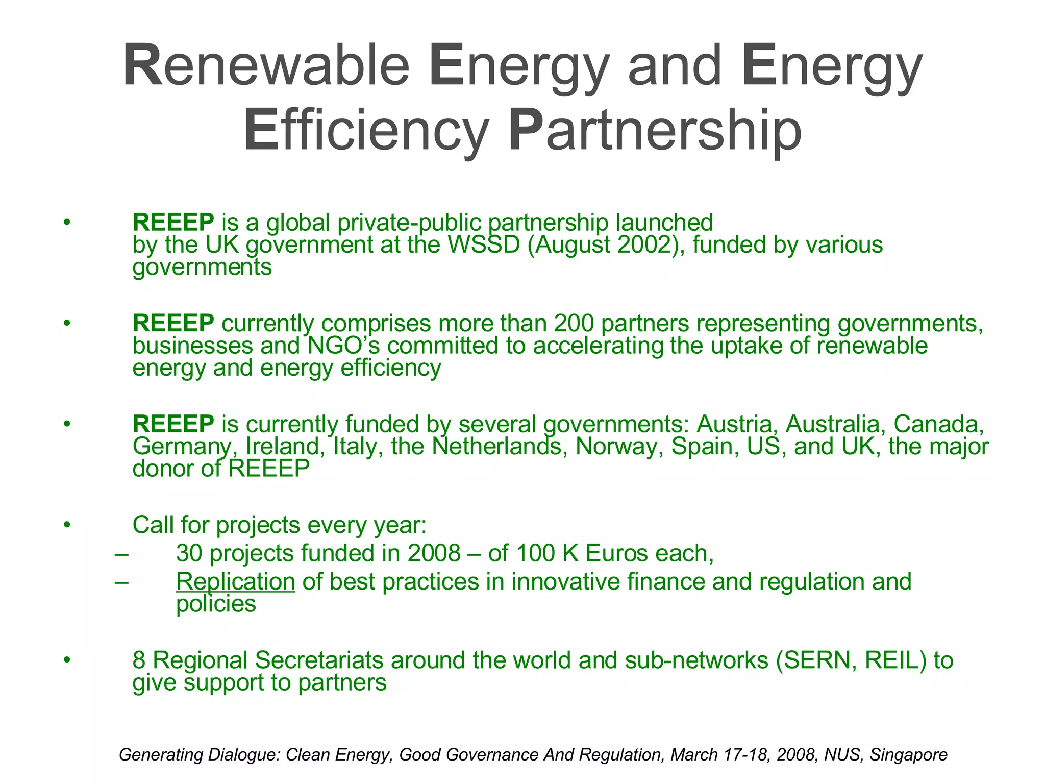 Sustainble Energy Regulation Network: a REEEP initiative | PPT