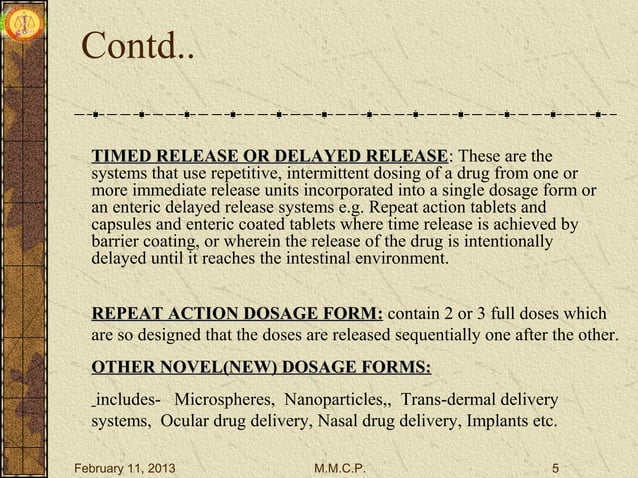 Sustained release dosage form | PPT | Chemistry | Science