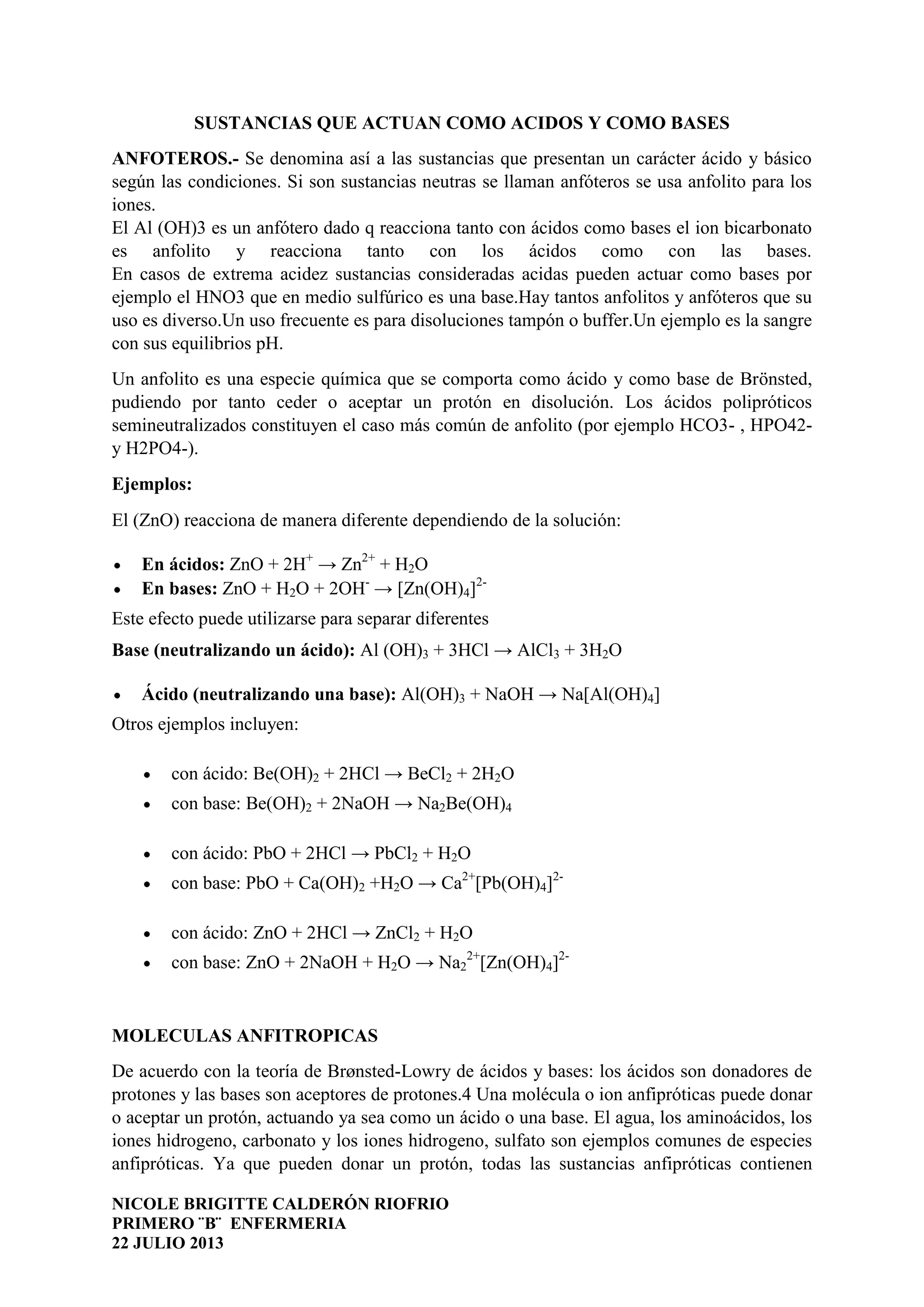 Sustancias que actuan como acidos y como bases | DOCX