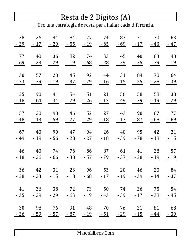 Ejercicio De Restas Basicas De Dos Digitos BBC