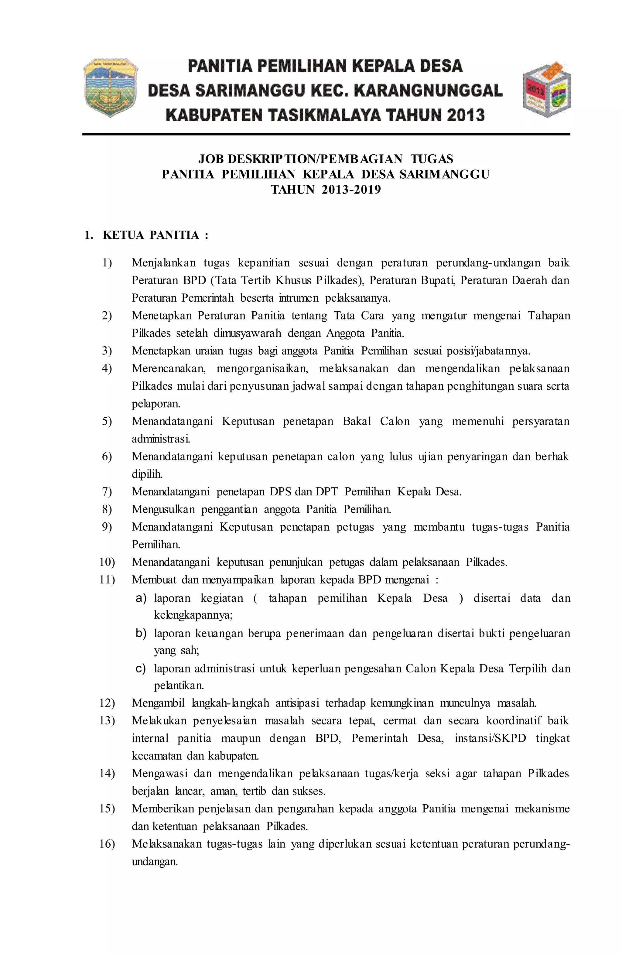 contoh Susunan panitia pilkades beserta tugasnya | DOCX