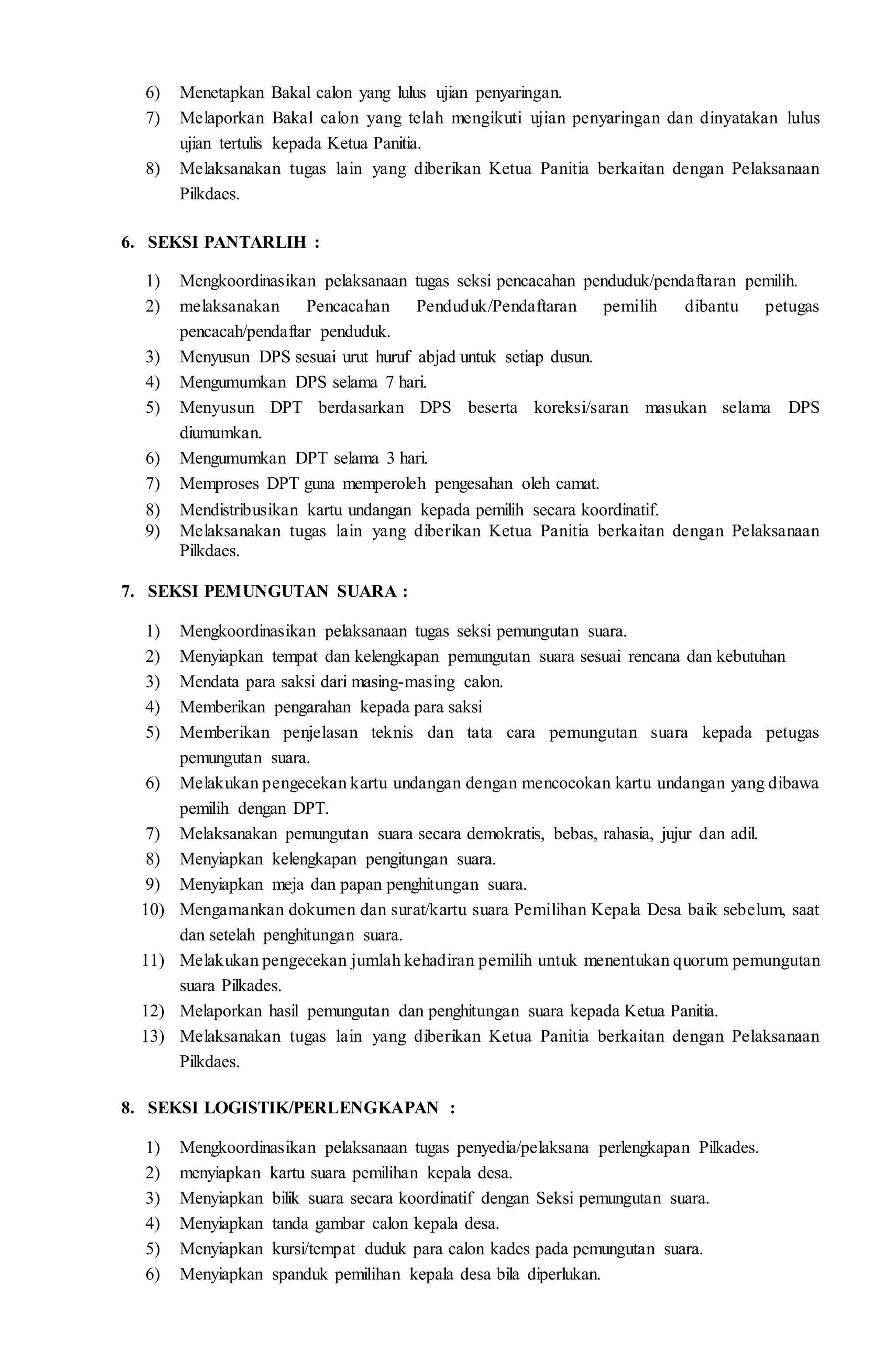 contoh Susunan panitia pilkades beserta tugasnya | DOCX