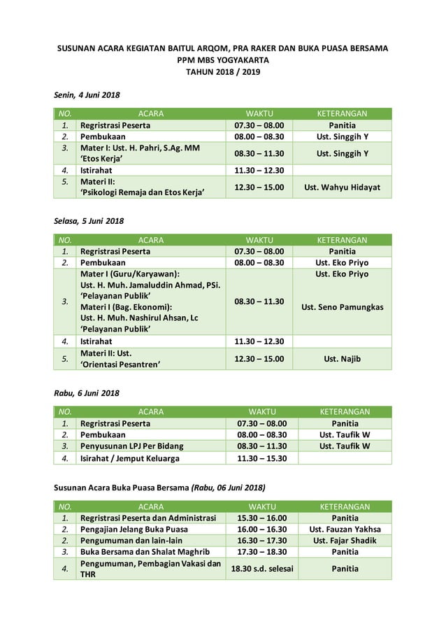 Susunan acara kegiatan baitul arqom dan pra raker | DOCX