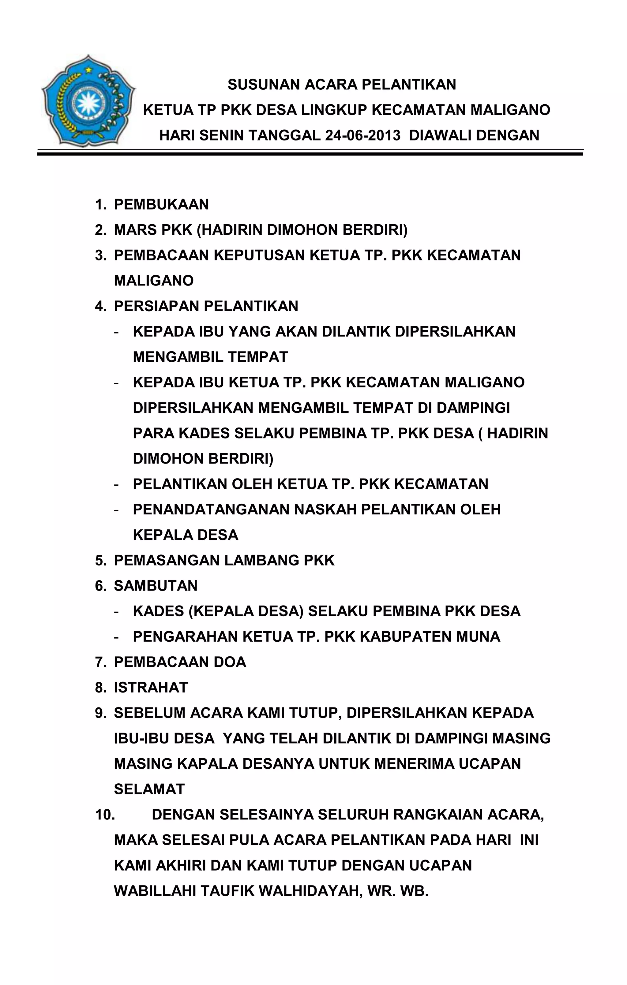 Susunan acara pelantikan ketua tp pkk desa lingkup kecamatan maligano | PDF Susunan acara pelantikan ketua tp pkk desa lingkup kecamatan maligano | PDF