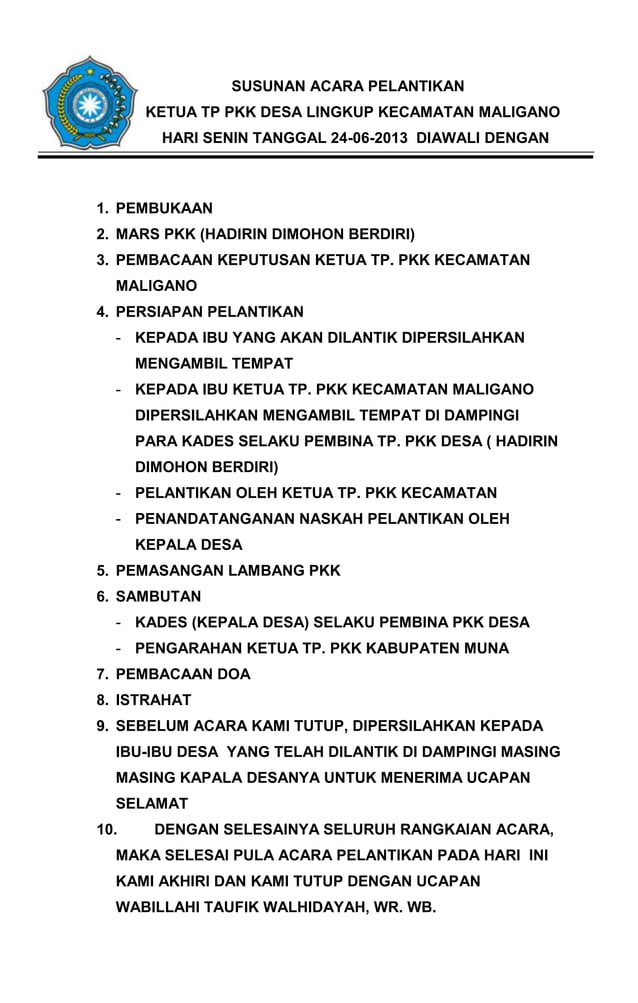 Susunan acara pelantikan ketua tp pkk desa lingkup kecamatan maligano | DOCX
