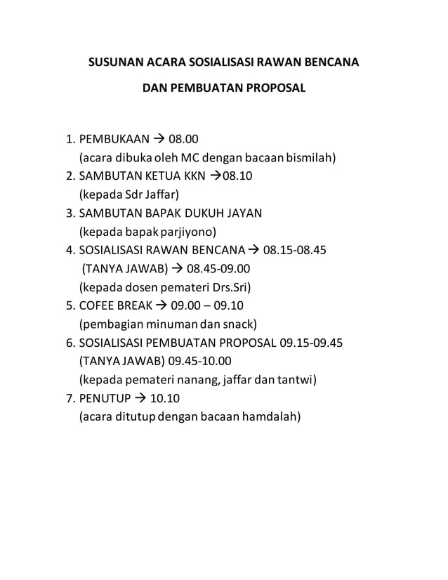 Susunan acara sosialisasi rawan bencana | DOCX