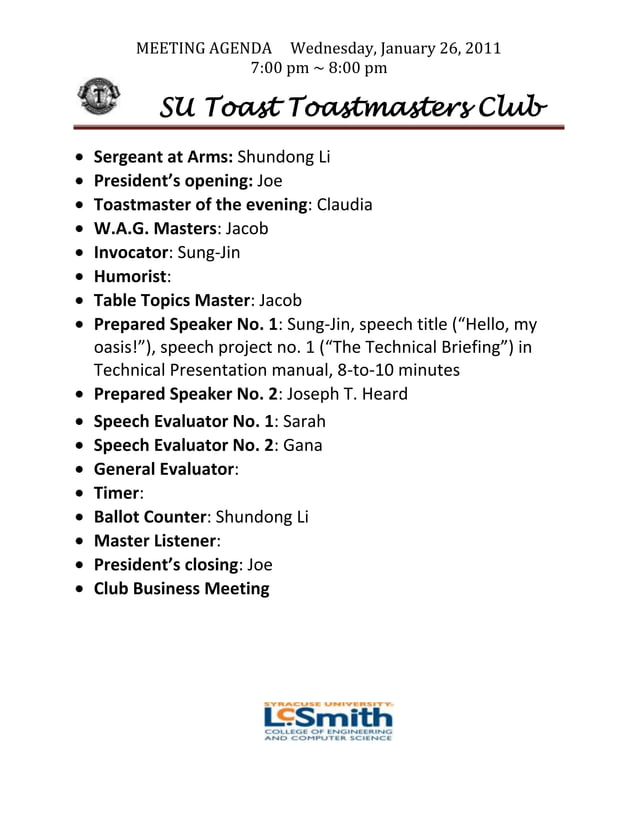 SU Toast Toastmasters' Demo Meeting Agenda | DOCX