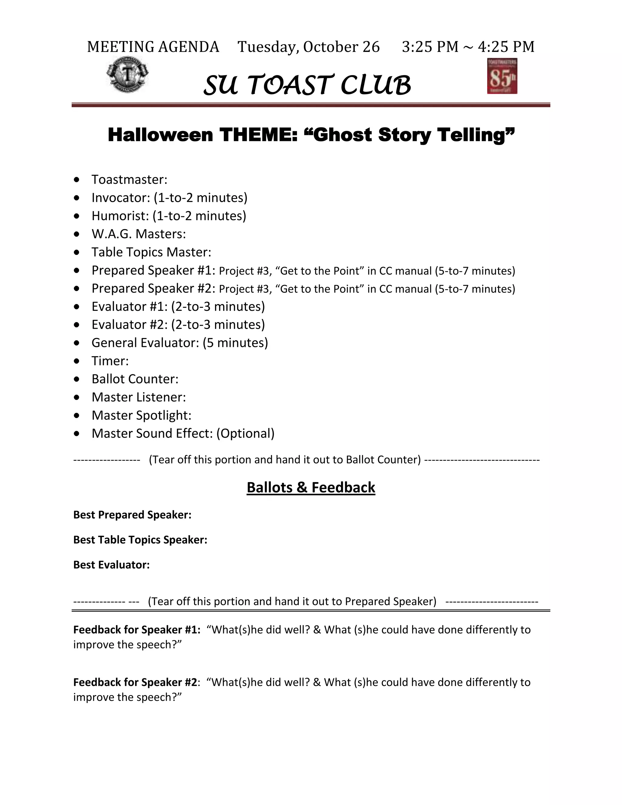 SU Toast Toastmasters' Hallowwen Theme Meeting Agenda | DOCX