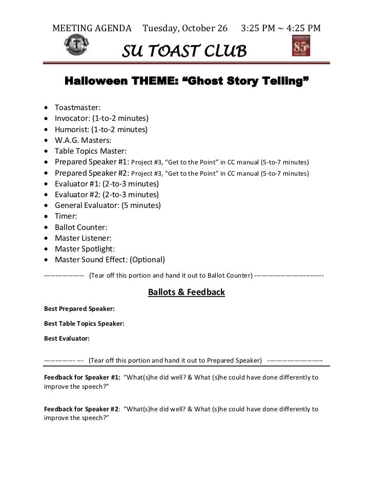 SU Toast Toastmasters Hallowwen Theme Meeting Agenda SU Toast Toastmasters Hallowwen Theme Meeting Agenda