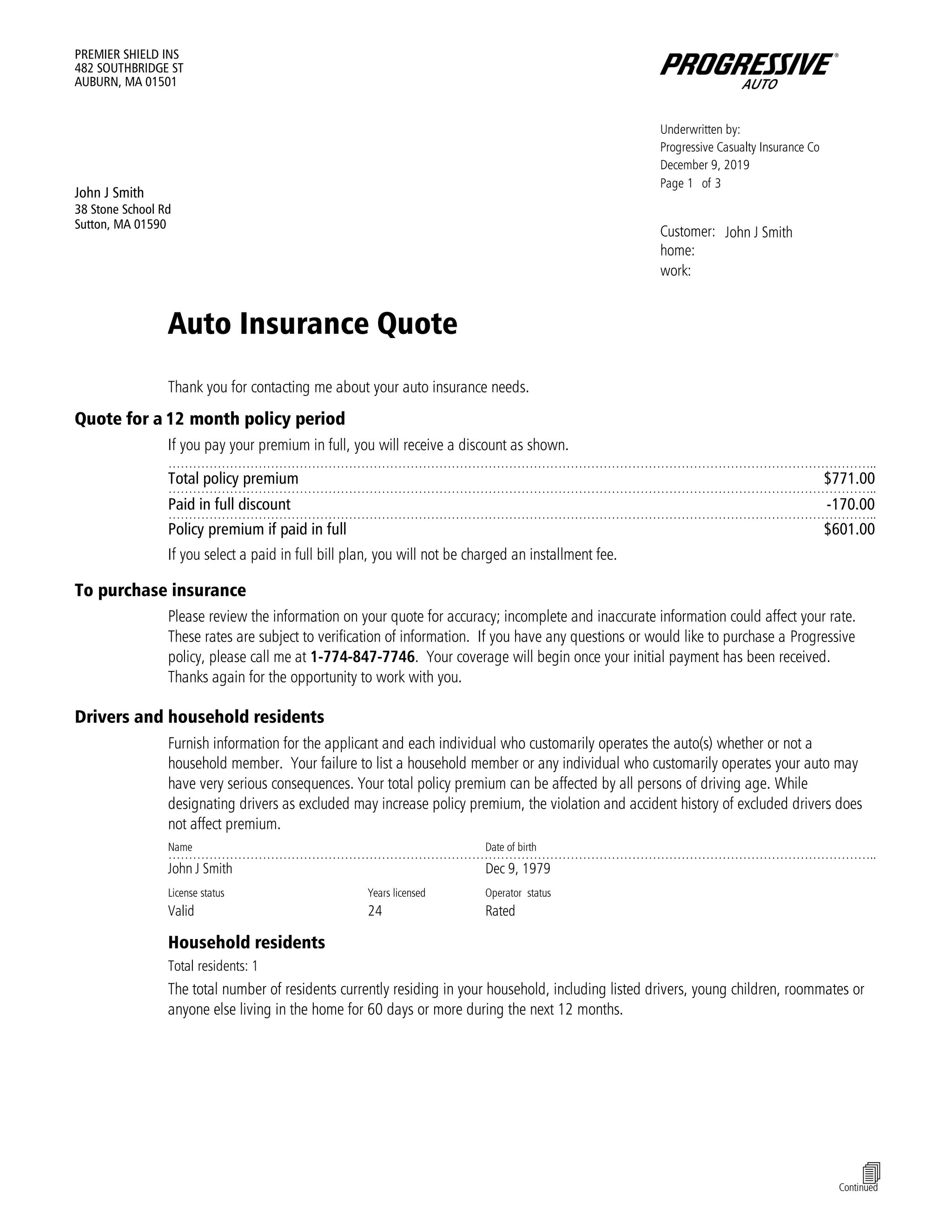 Auto Insurance Quote Example Sutton MA | PDF