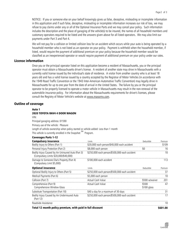 Auto Insurance Quote Example Sutton MA | PDF