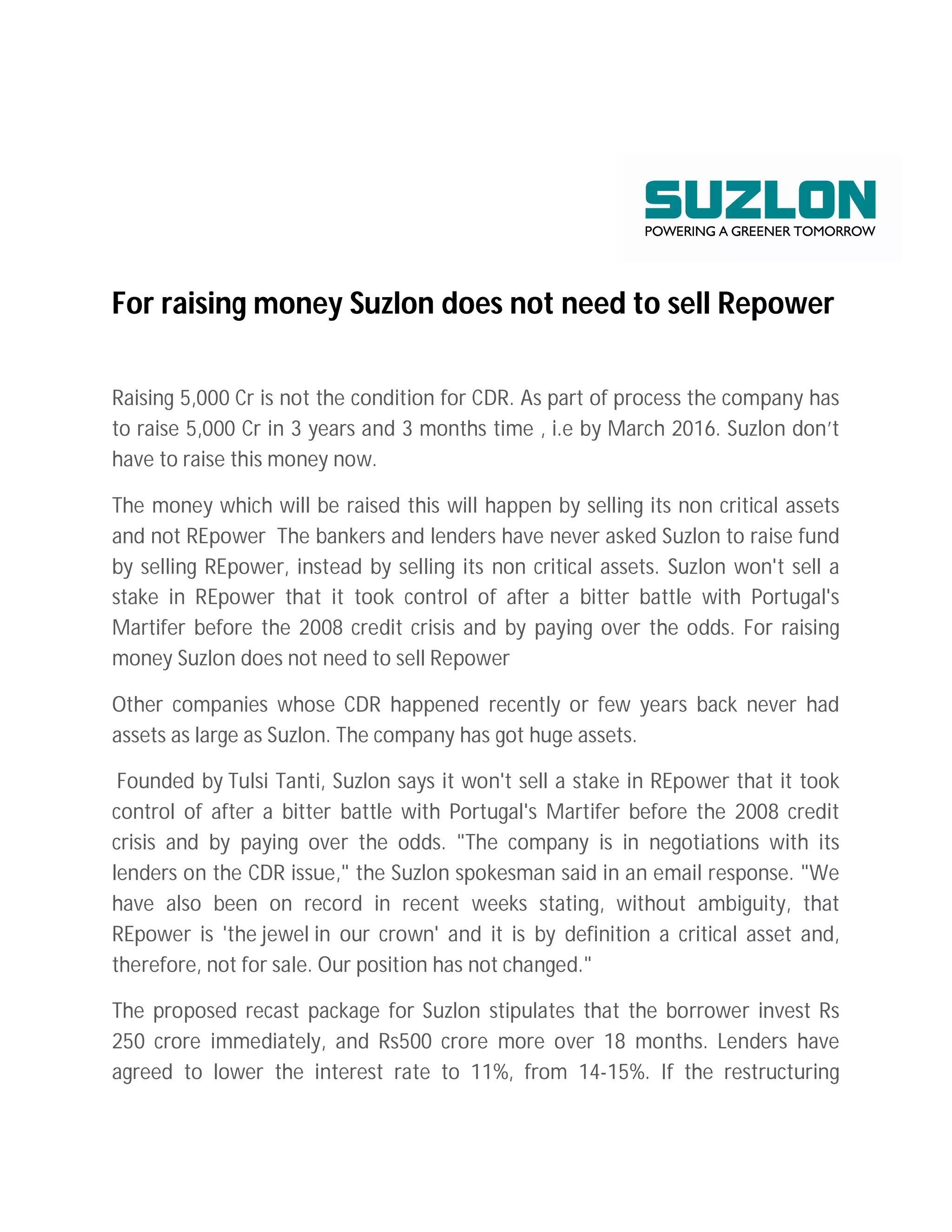 For raising money Suzlon does not need to sell Repower | PDF | Business ...