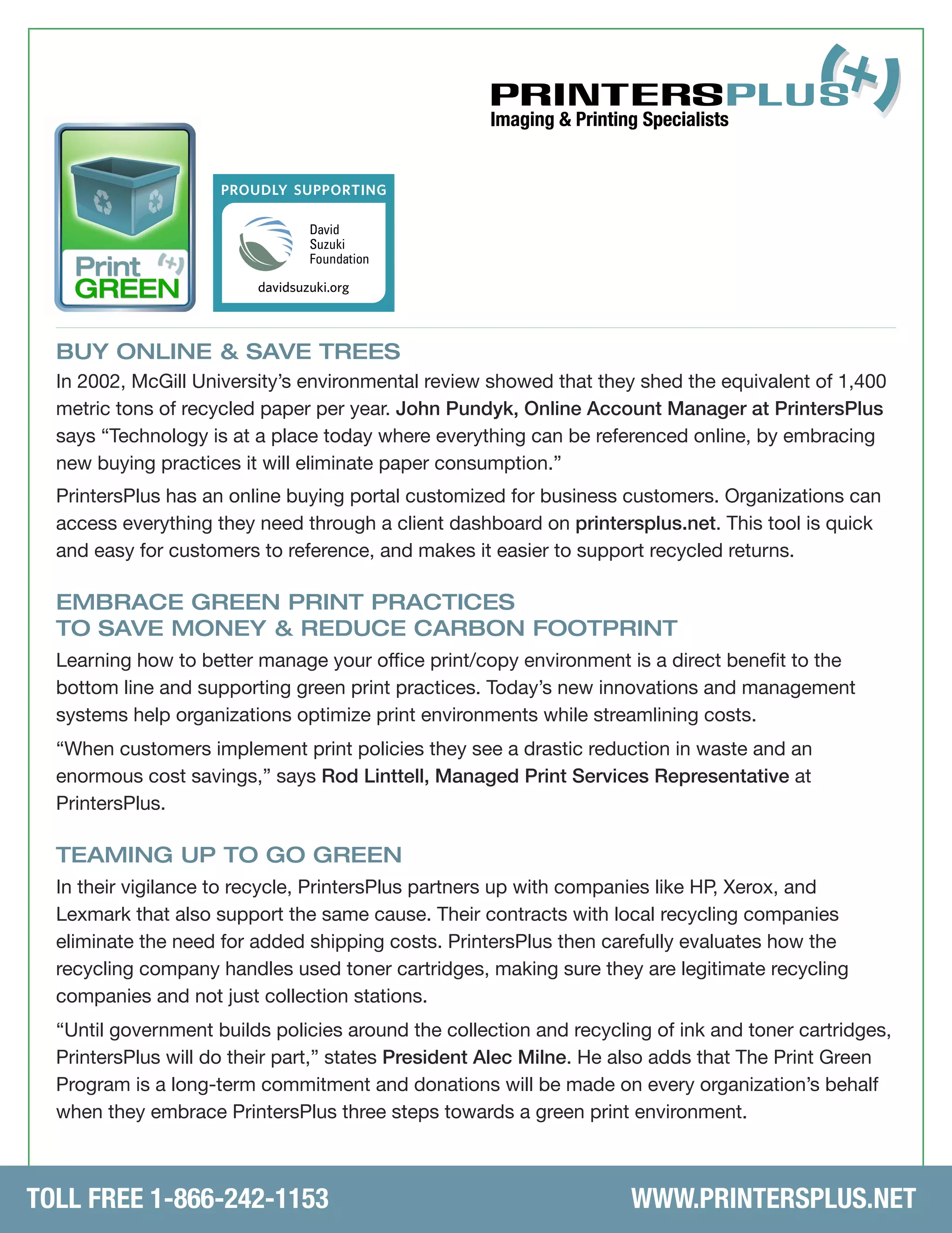 Toner Recycling Program - PrintersPlus Print Green | PDF