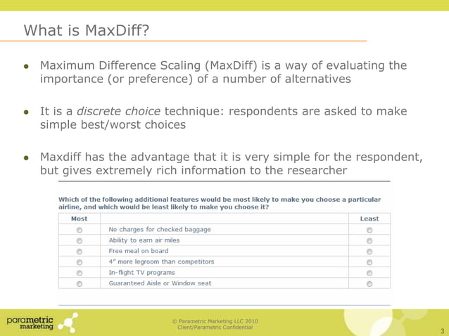 Introduction to MaxDiff Scaling of Importance - Parametric Marketing ...