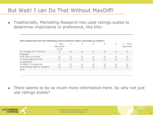 Introduction to MaxDiff Scaling of Importance - Parametric Marketing ...