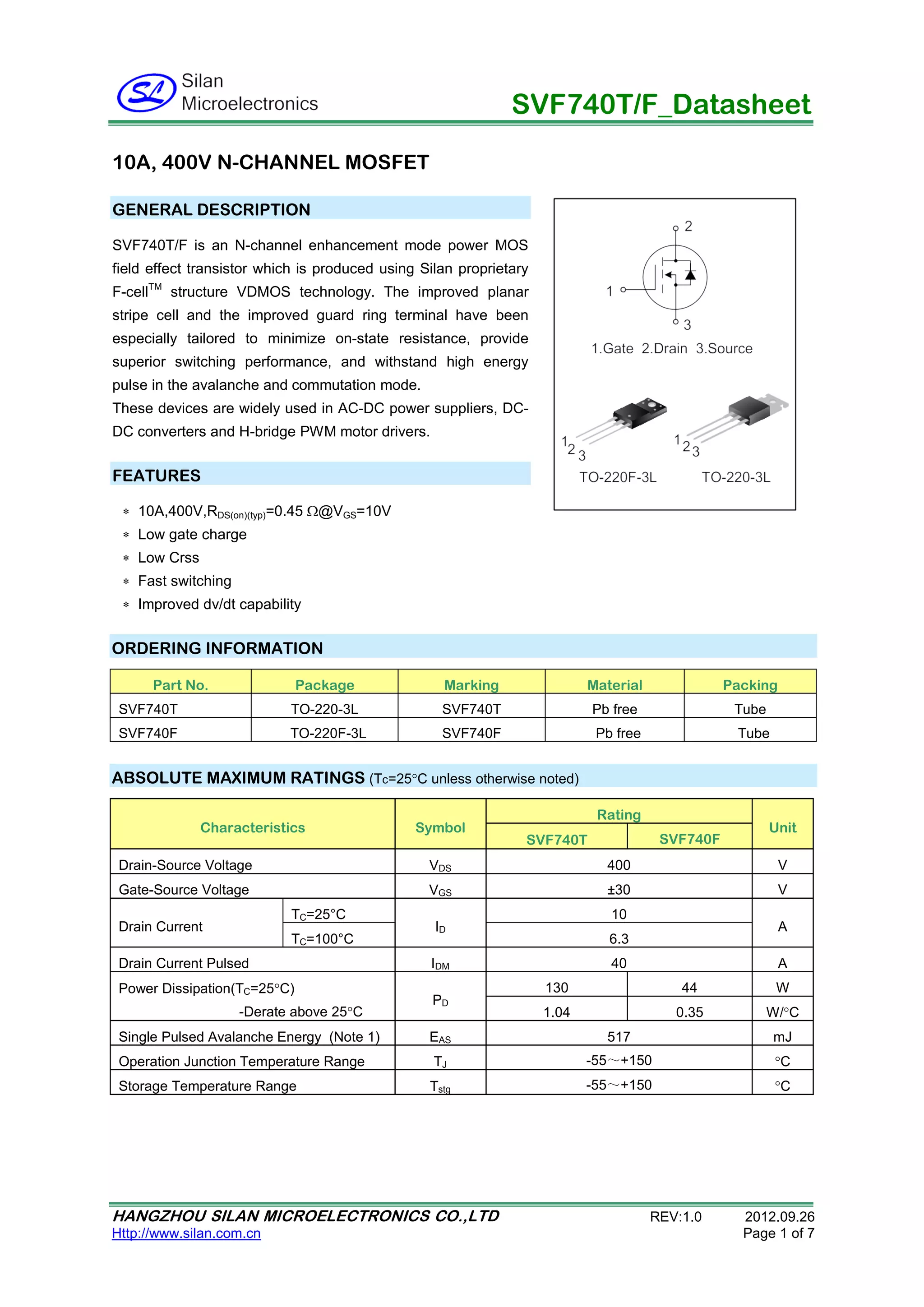 Original Mosfet N-Channel SVF740T 740 400V 10A TO-220 New | PDF