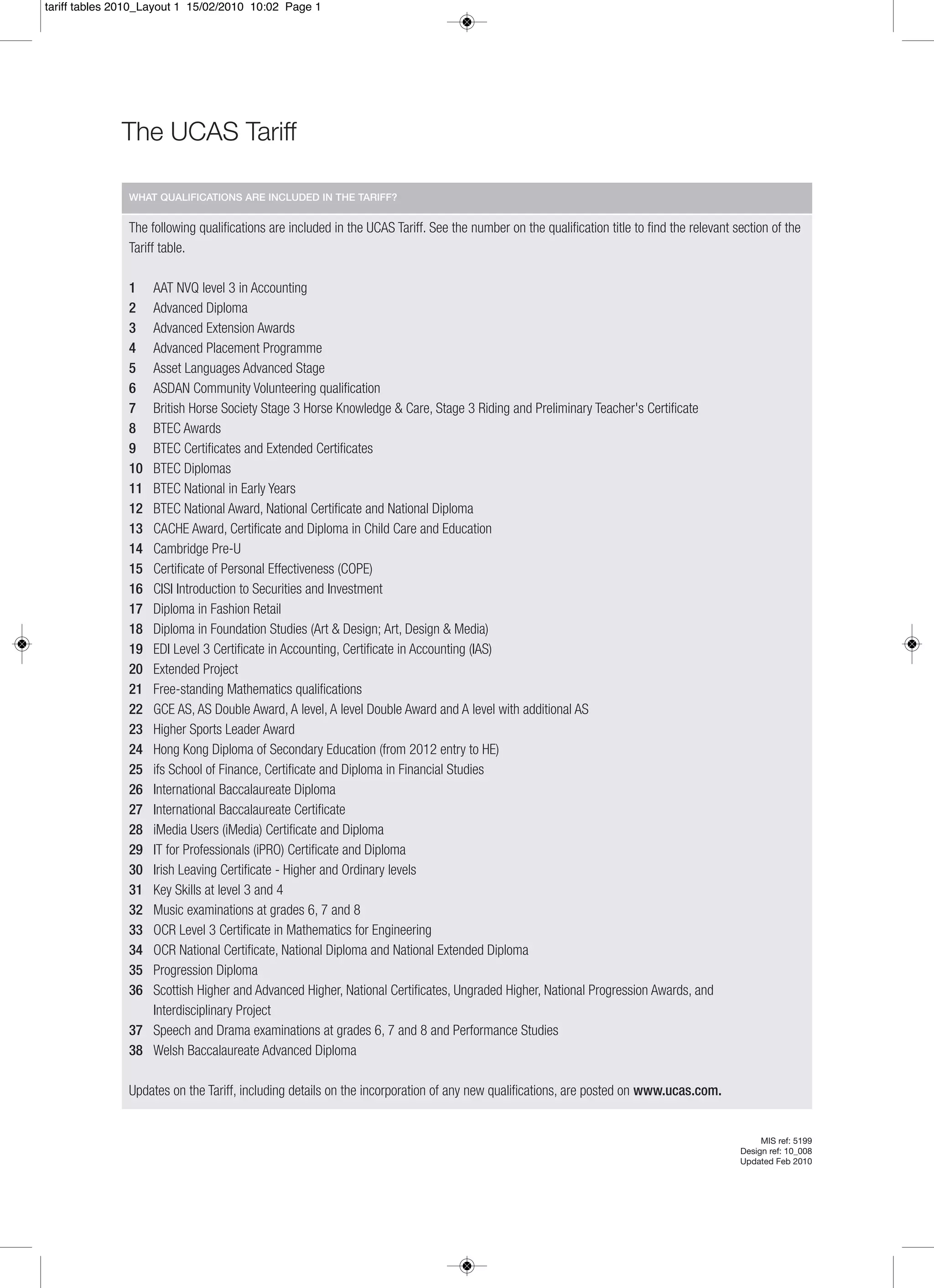 UCAS Tariff Tables 2010 | PDF