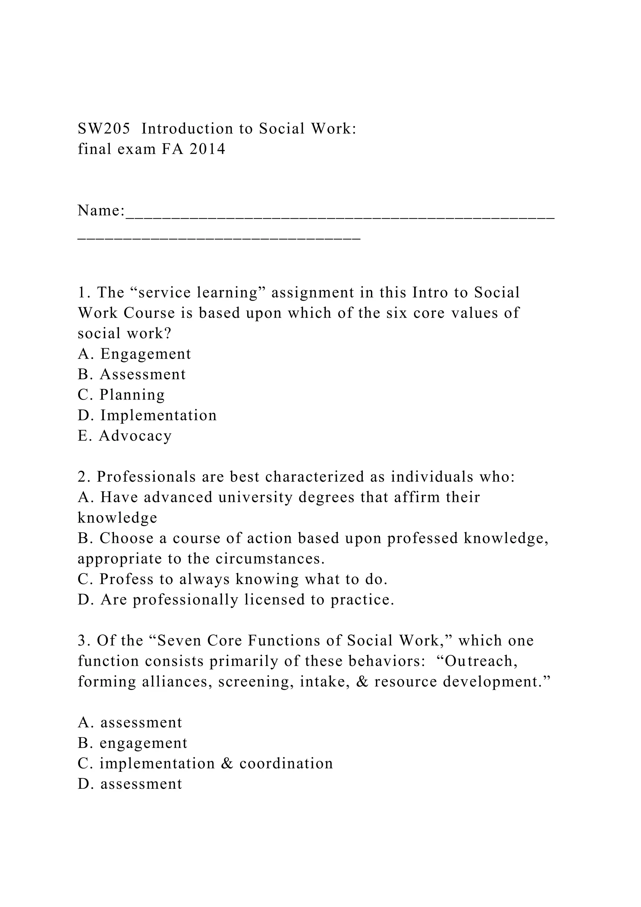 SW205 Introduction to Social Work final exam FA 2014Name.docx