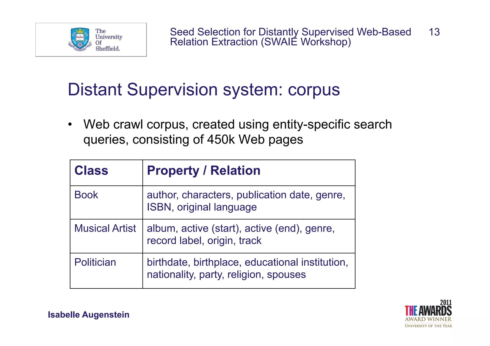 Seed Selection For Distantly Supervised Web Based Relation Extraction Ppt