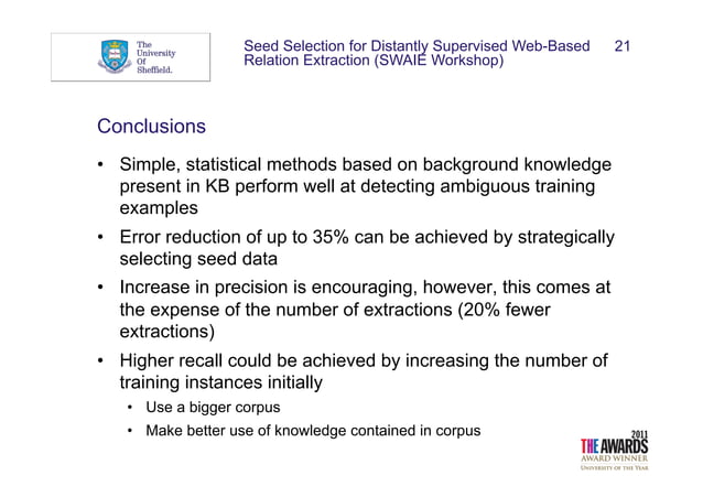 Seed Selection For Distantly Supervised Web Based Relation Extraction Ppt