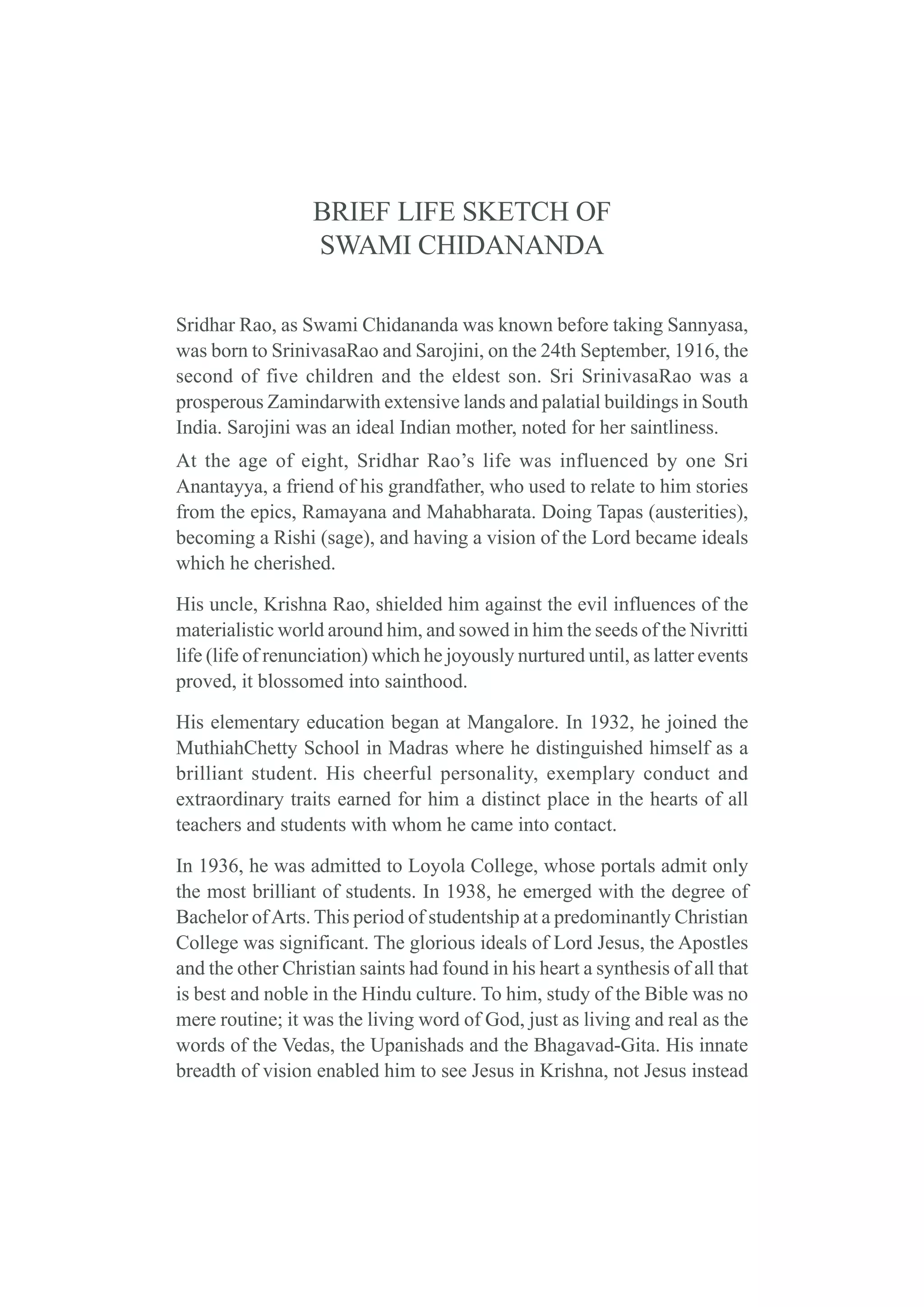 Swami Chidananda - A brief biography in Kannada & English | PDF