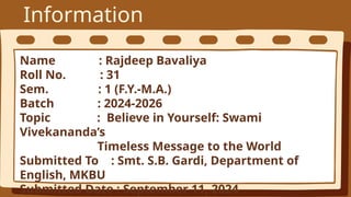 Believe in Yourself: Swami Vivekananda’s Timeless Message to the World | PPTX