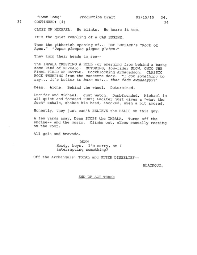 Supernatural 5.22 Swan Song Production Draft | PDF