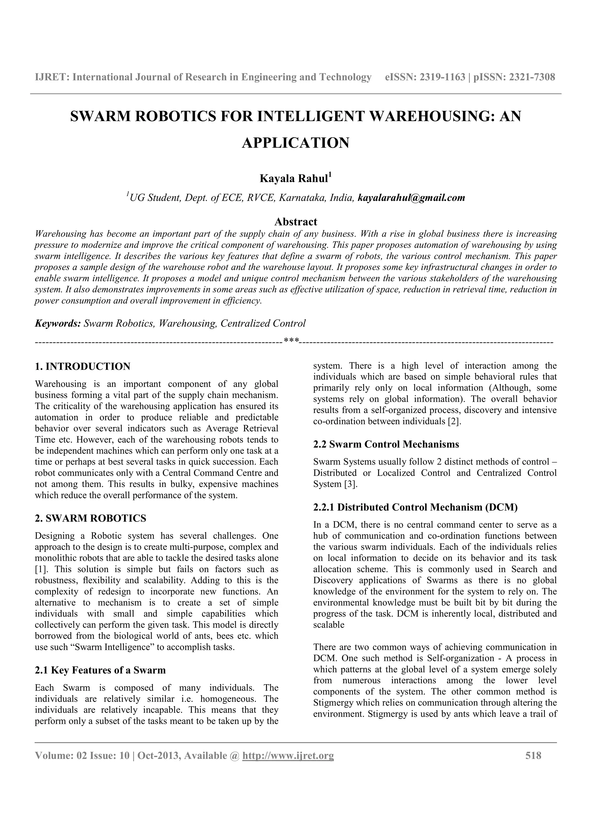 Swarm robotics for intelligent warehousing an | PDF