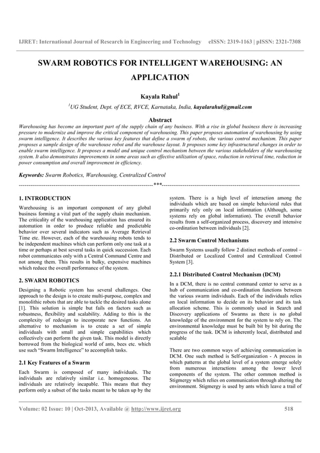 Swarm robotics for intelligent warehousing an | PDF