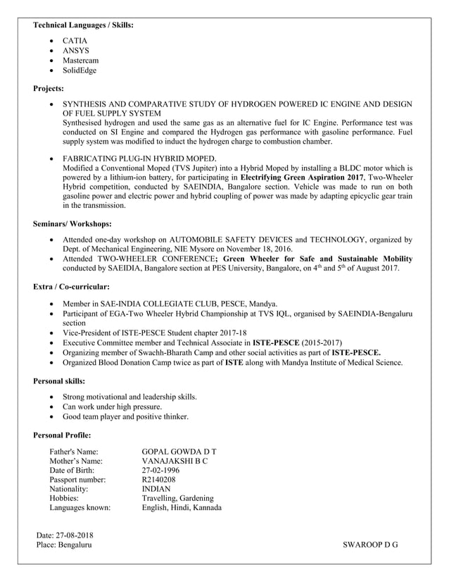 Swaroop dg resume | PDF | Auto Type | Automotive