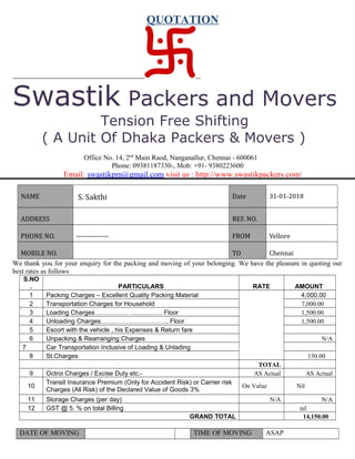 Swastik packers & movers qoutation | PDF