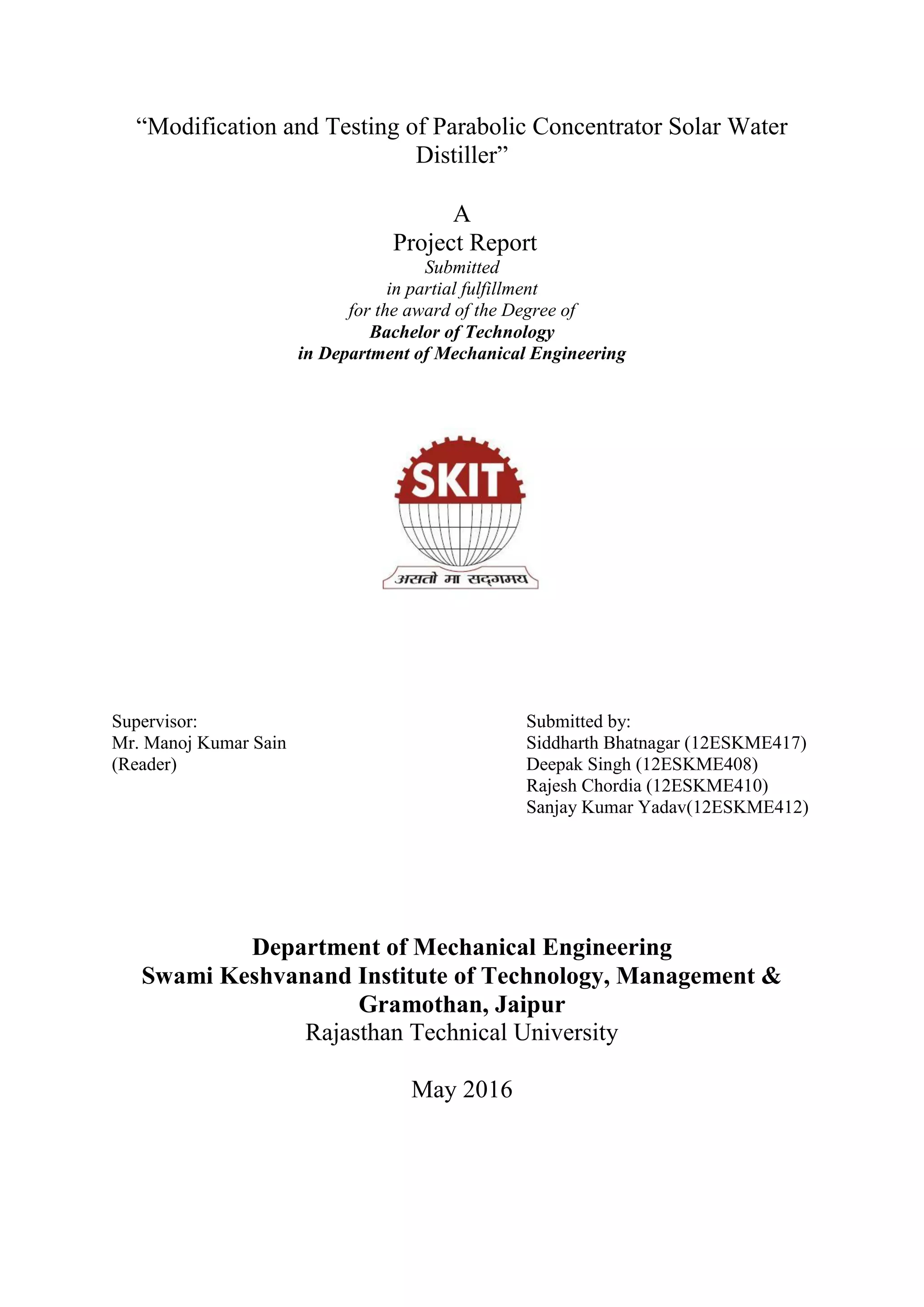 Modification and Testing of Parabolic Concentrator Solar Water ...