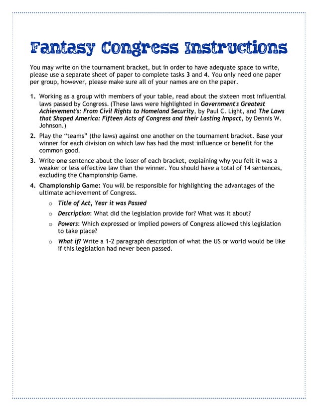 Fantasy Congress: The Sweet Sixteen Activity | PDF