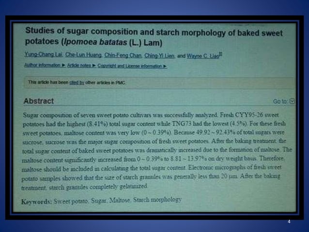 Sweet potato sugar composition and starch morphology study | PPTX | Desserts and Baking | Food ...