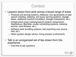 Software Engineering Advice from Google's Jeff Dean for Big, Distributed Systems | PPT