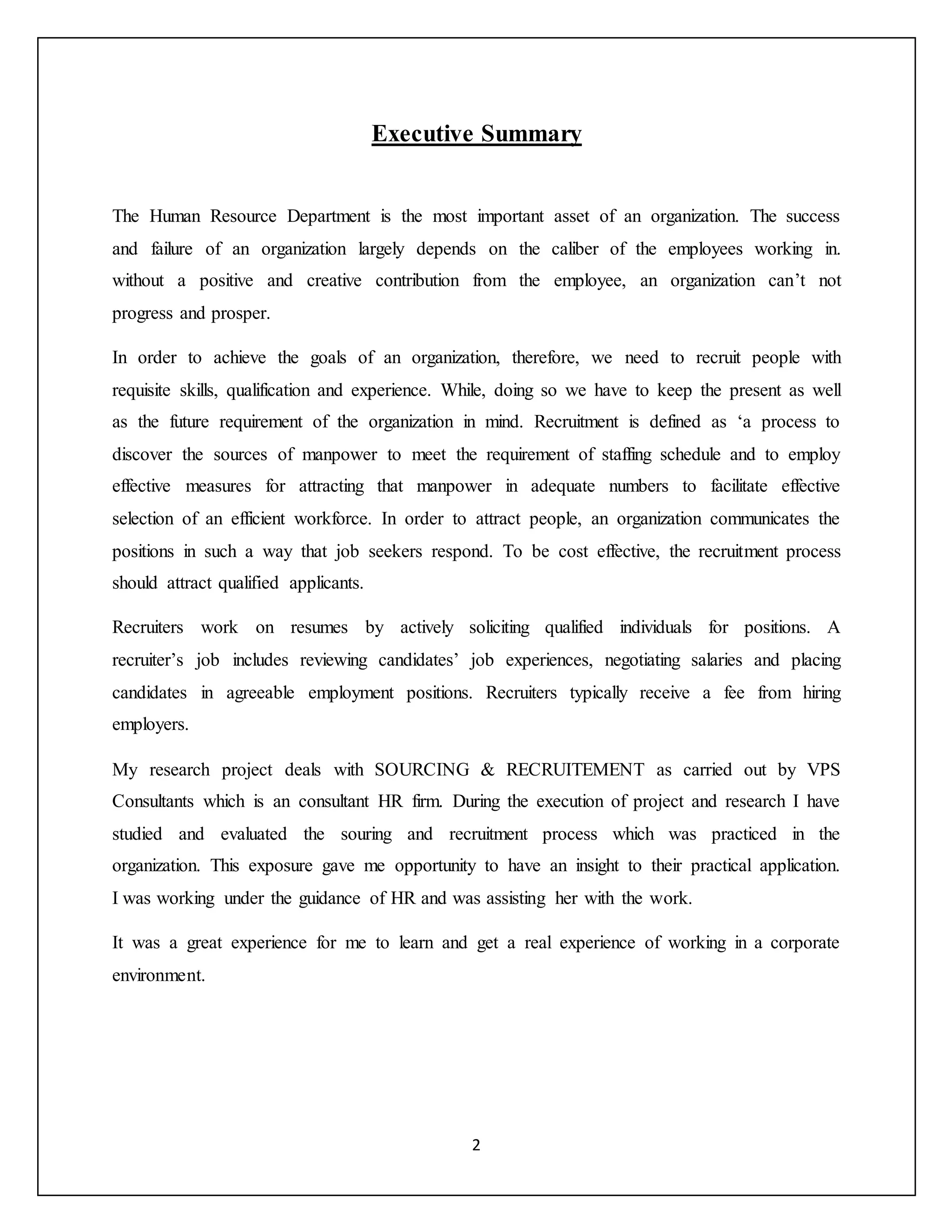 summer internship report - sourcing and recruitment | DOCX