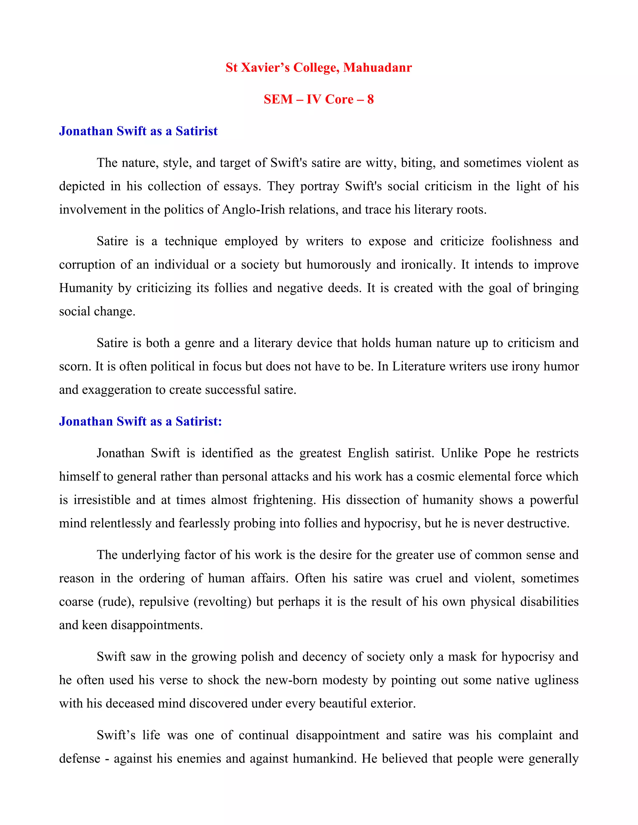 Swift as a satirist | PDF