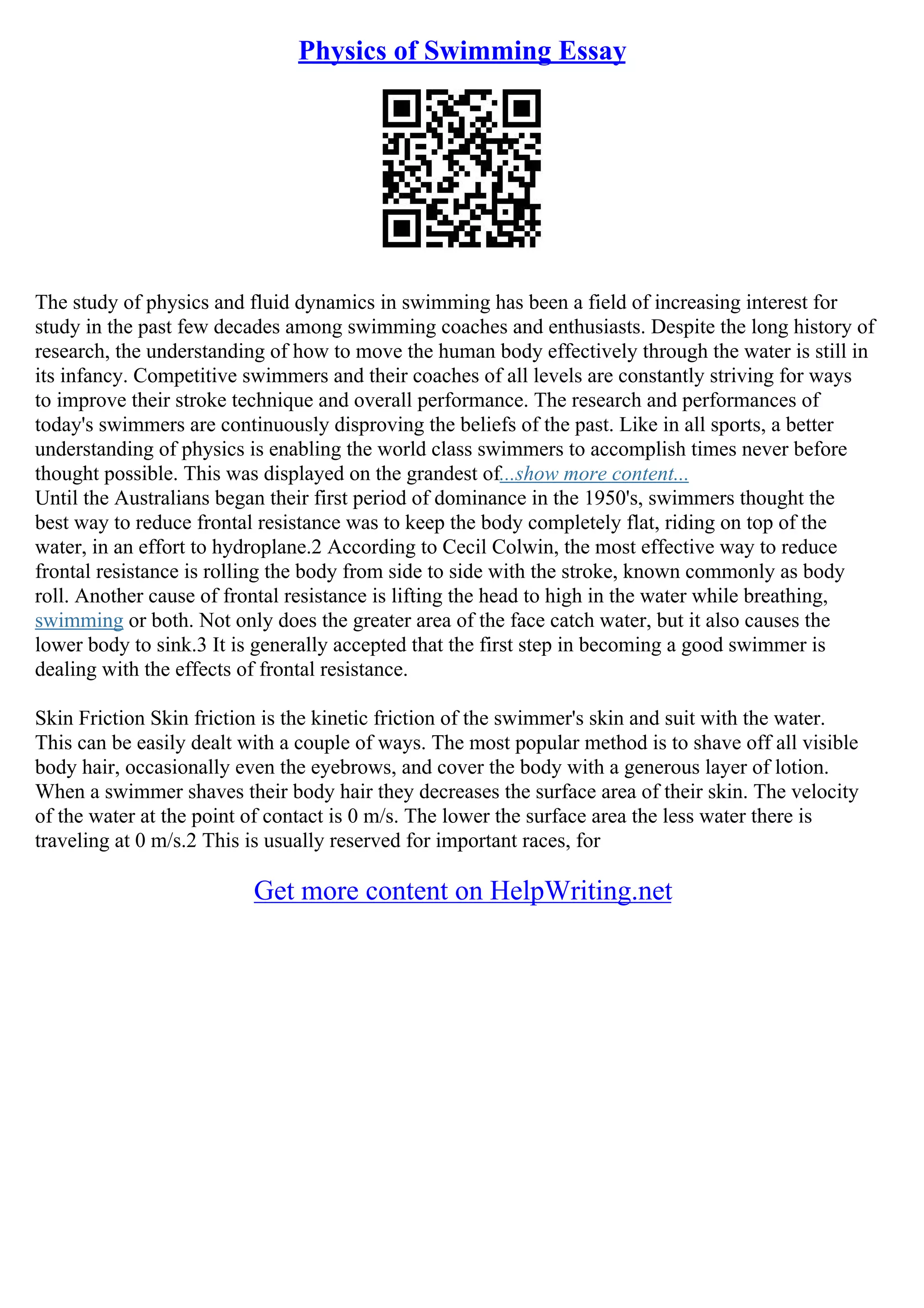 Swimming Essays | PDF | Shaving | Personal Care