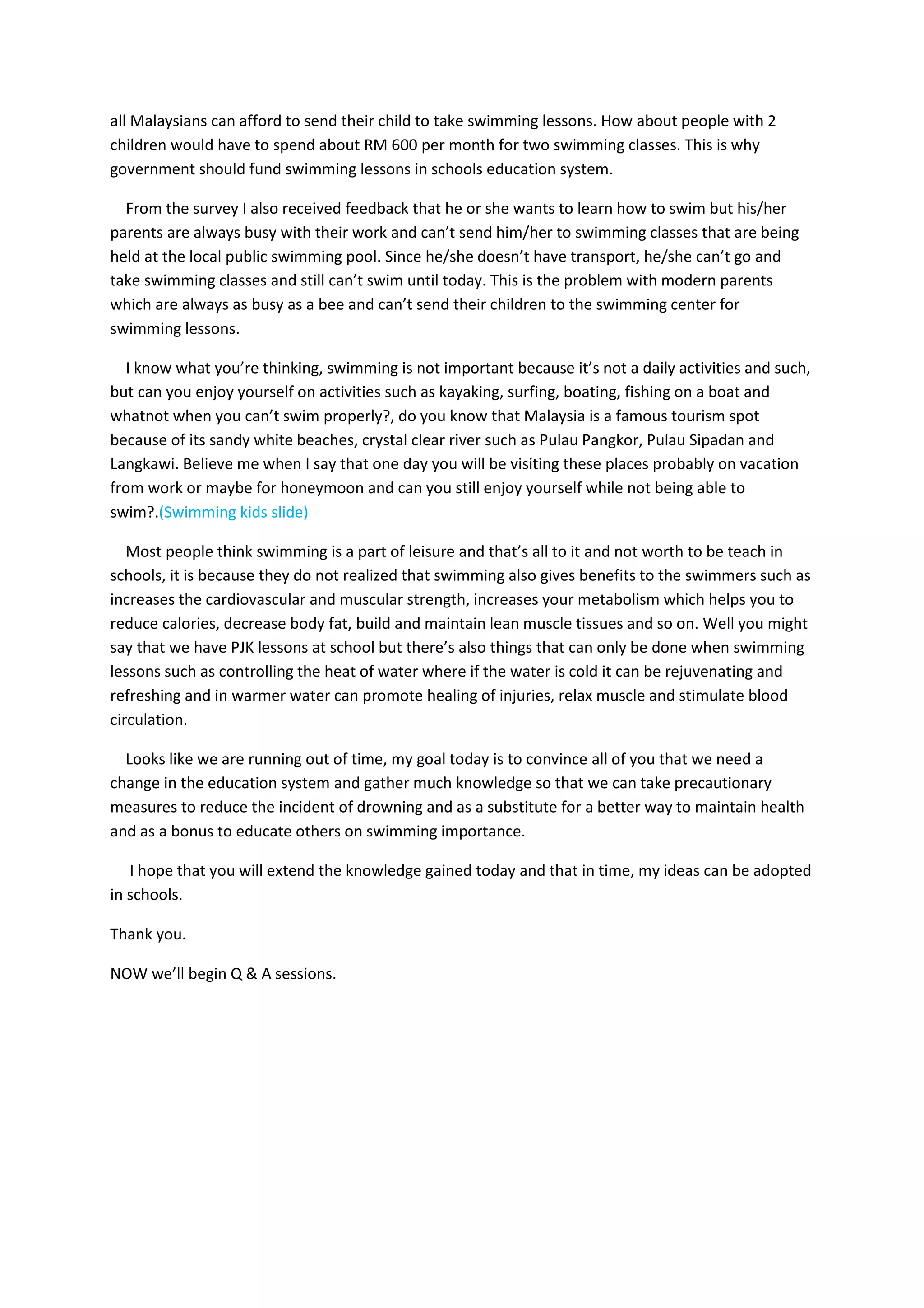 Swimming speech | DOCX